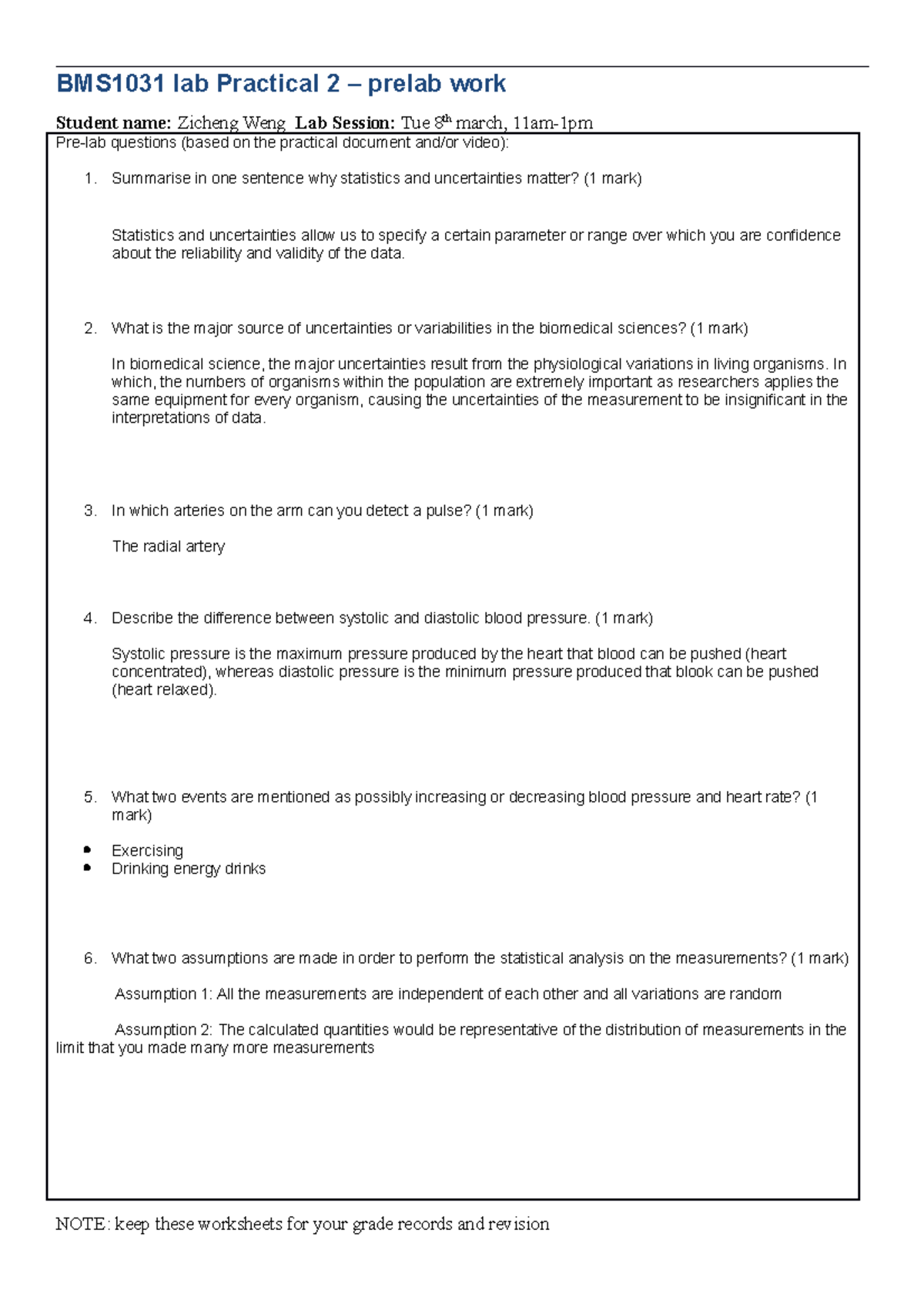 BMS1031 medical biophysics pre laboratory worksheet answers - BMS1031 ...