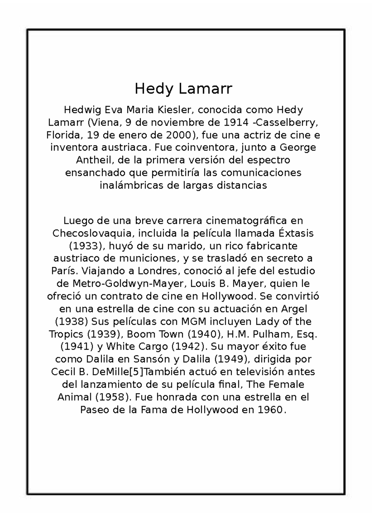 Biografía sobre Hedy Lamar_Etapa 2_Español - Hedy Lamarr Hedwig Eva ...