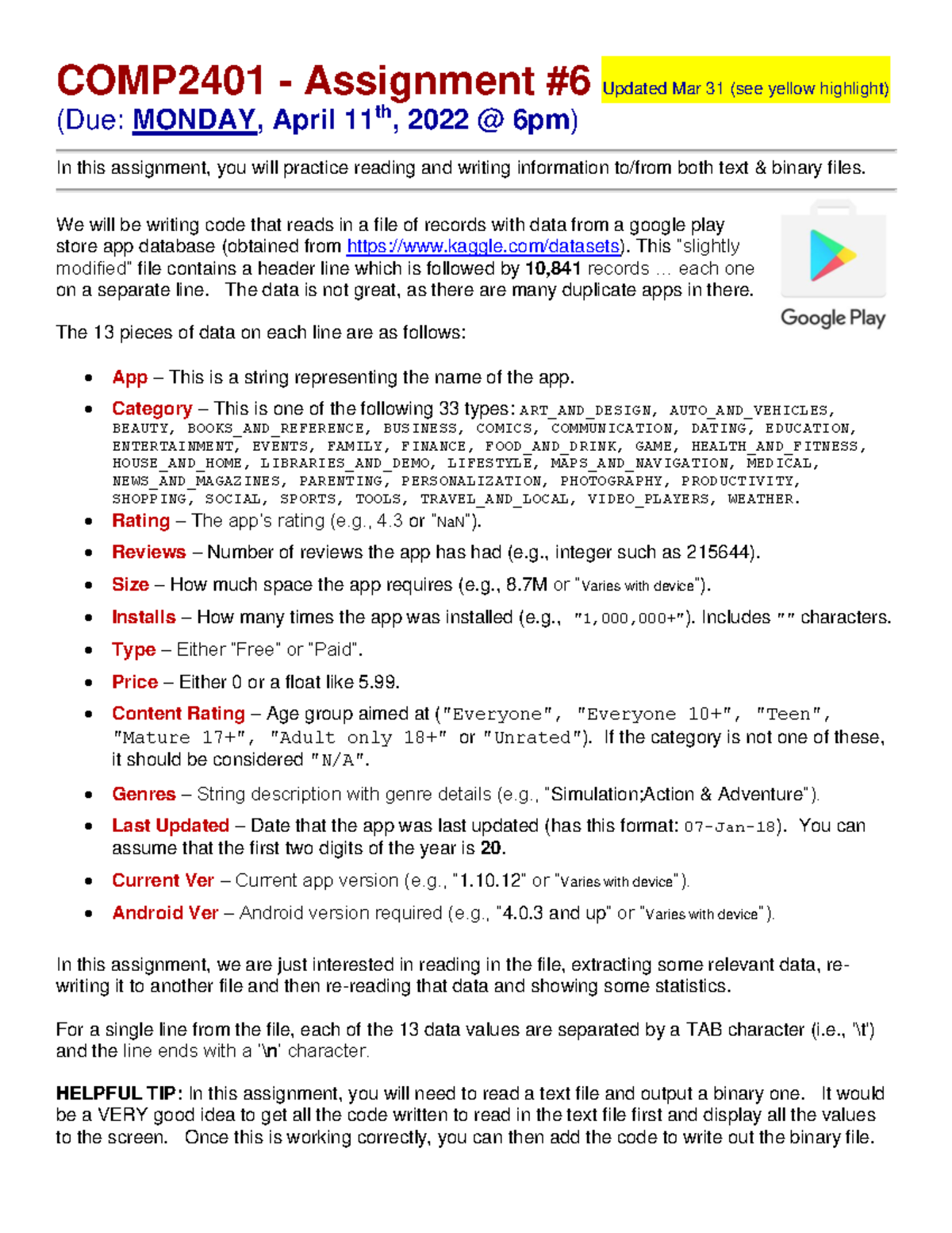 COMP2401A6 - Assignment 6 PDF - COMP2401 - Assignment #6 Updated Mar 31 ...