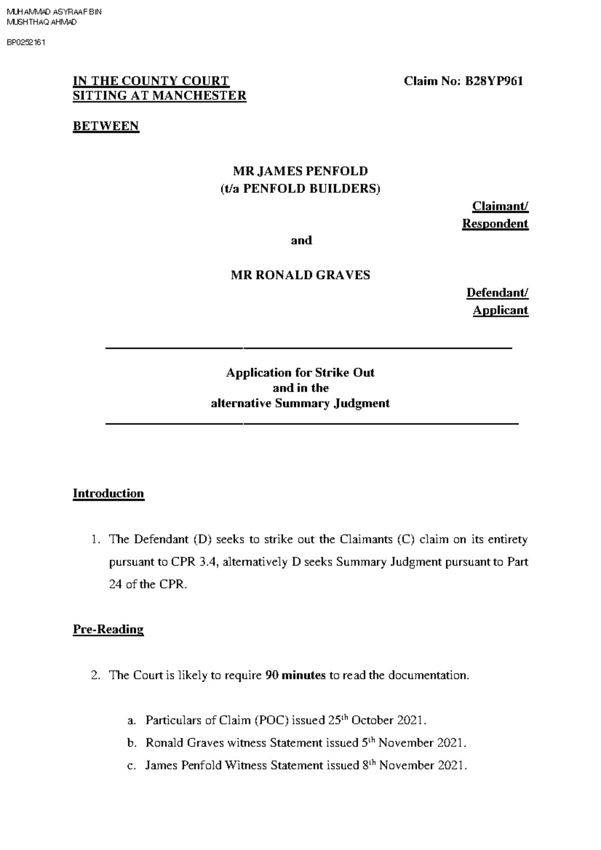 Submission Advocacy Final Skeleton 2021 - IN THE COUNTY COURT Claim No ...