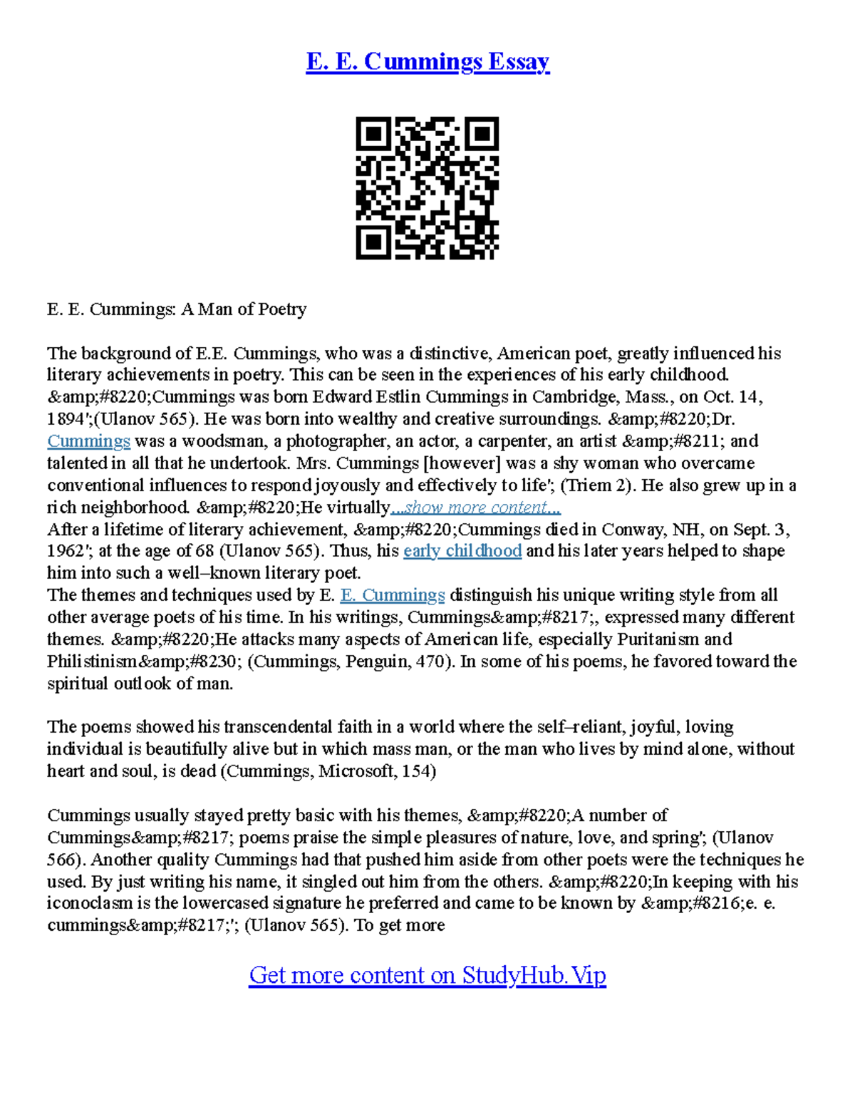 Ee Cummings Essay - E. E. Cummings Essay E. E. Cummings: A Man of ...