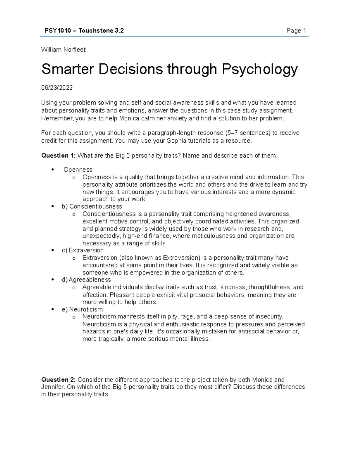 PSY1010 Case Study 2 Template - William Norfleet Smarter Decisions ...