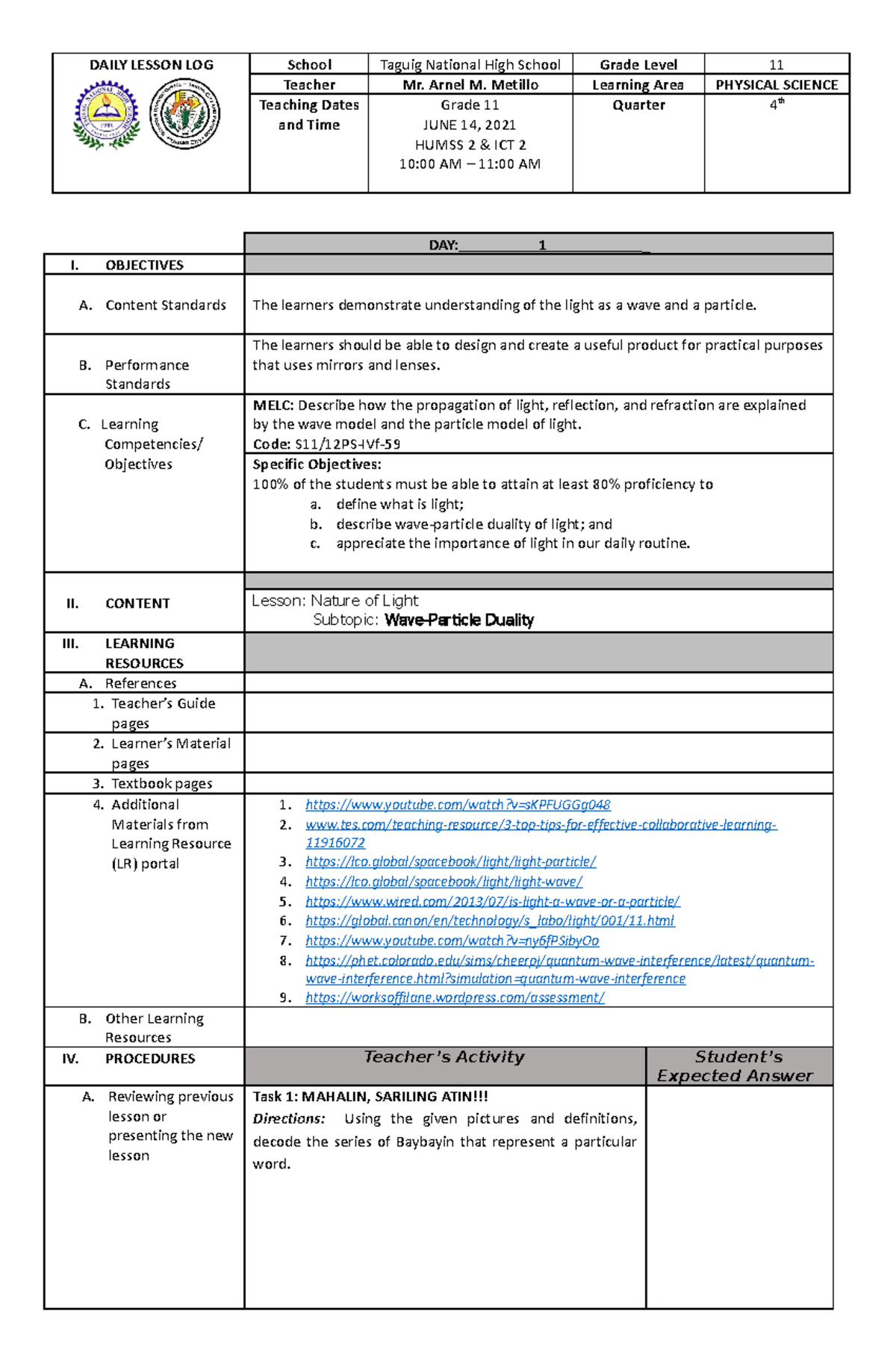 [4th] Module 3 - Nature of Light - DAILY LESSON LOG School Taguig ...