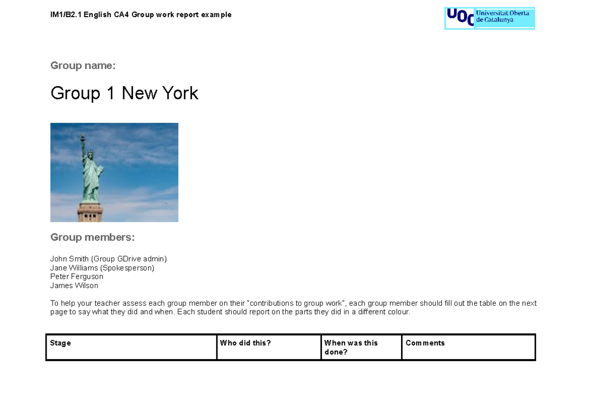 CA4 Group work report example - Each student should report on the parts ...