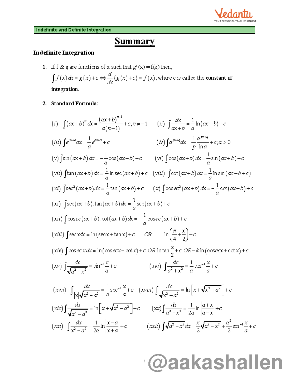01-Indefinite and Definite Integration - Indefinite Integration 1. If f & g are functions of x ...