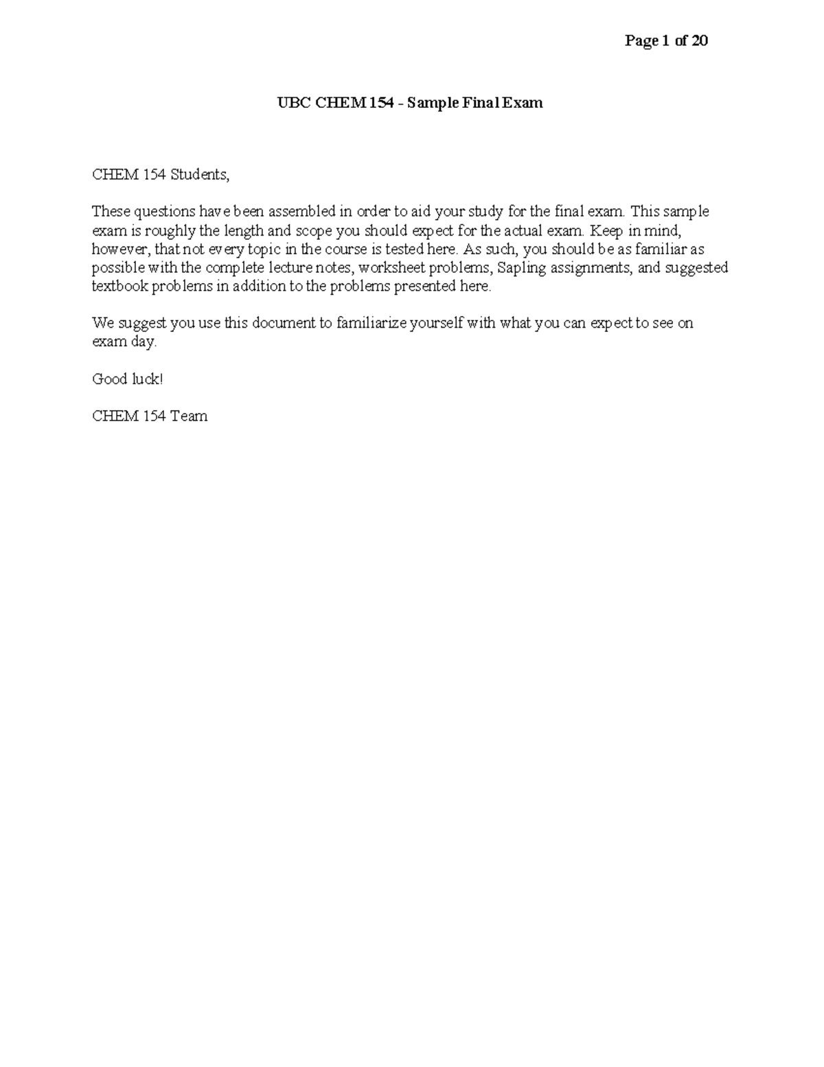 CHEM154-Sample+Final - UBC CHEM 154 - Sample Final Exam CHEM 154 ...