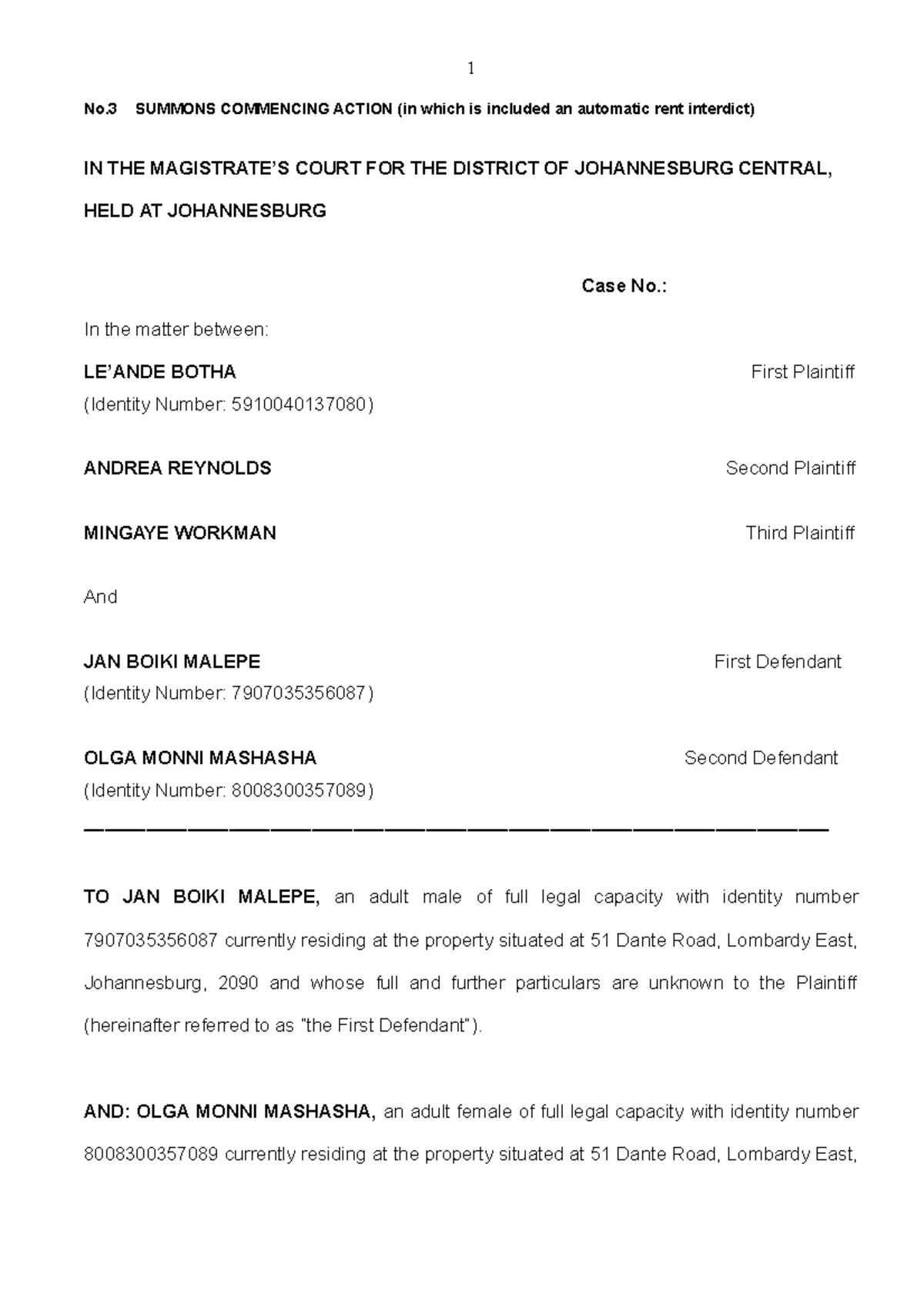 51 Dante RIS Face - Summons - No SUMMONS COMMENCING ACTION (in which is ...