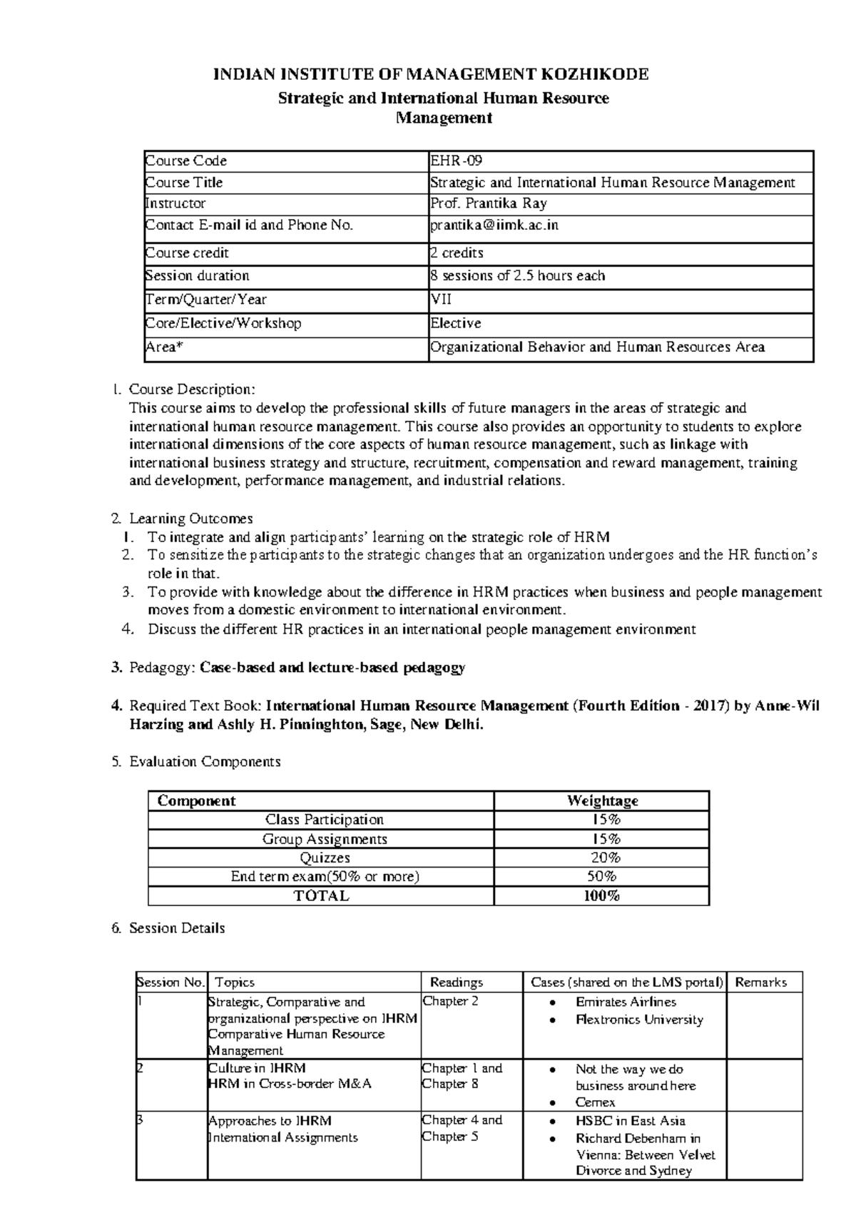 Course outlines Sihrm - Well researched - INDIAN INSTITUTE OF ...