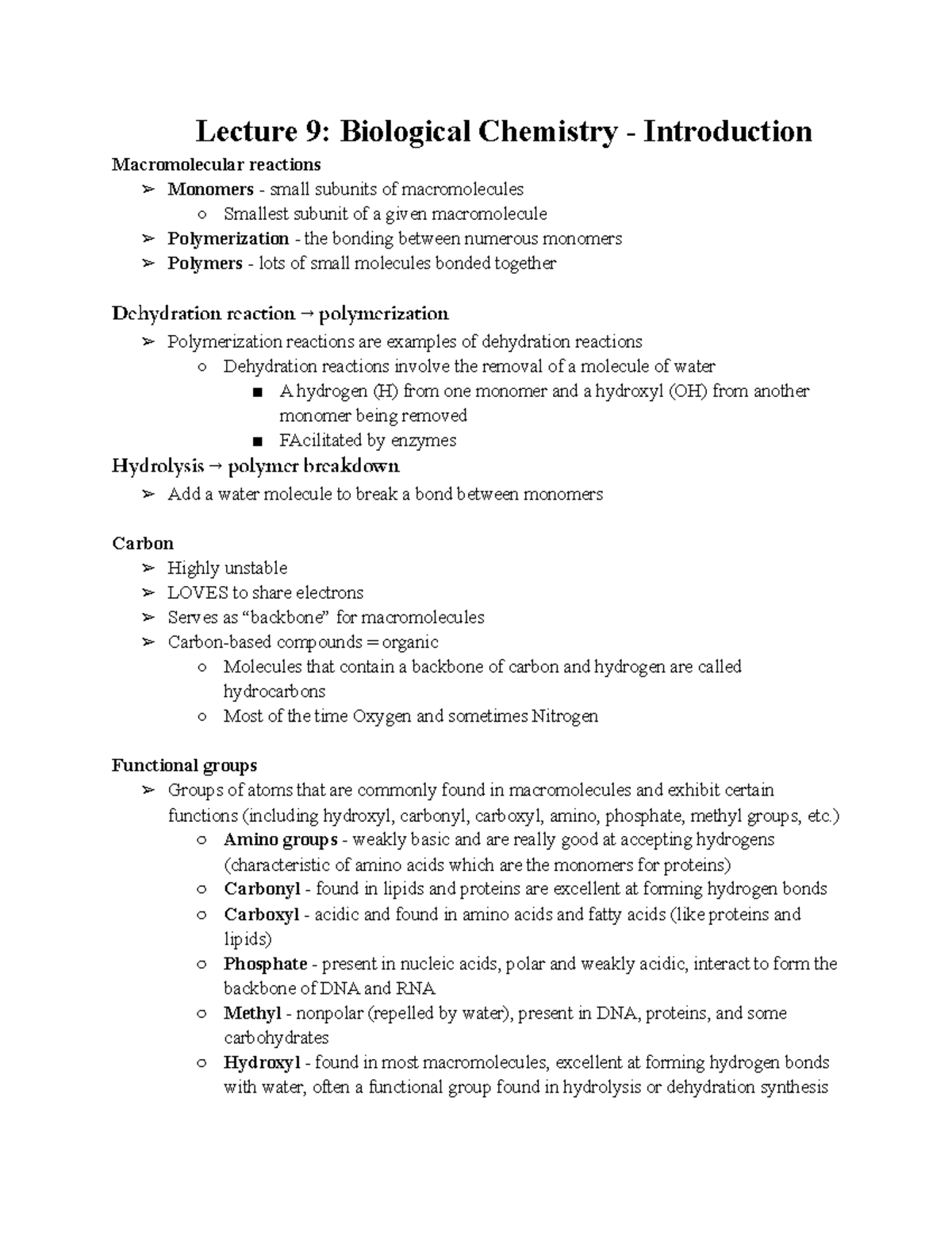 In-class Lecture 9: An Introduction to Biological Chemistry - Lecture 9 ...