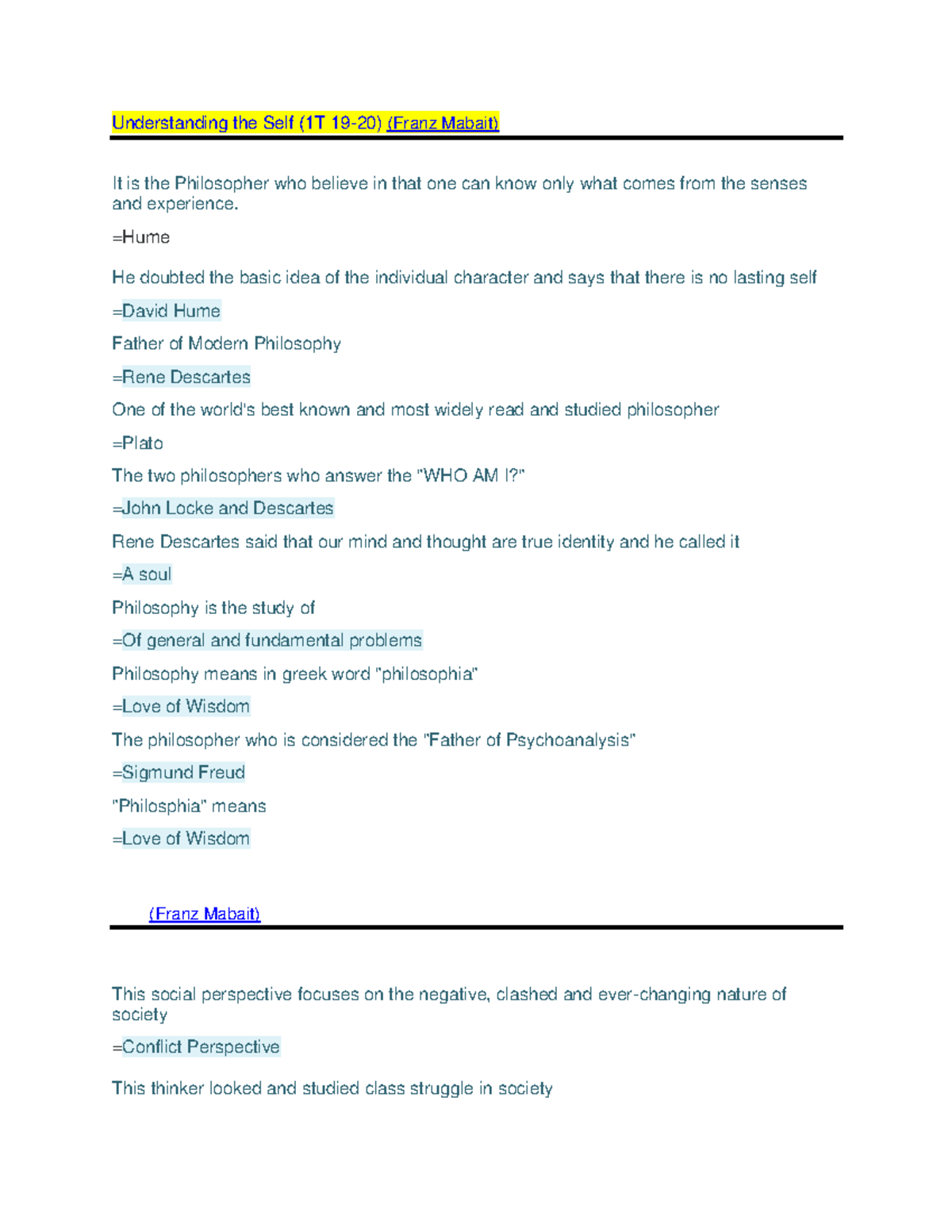 Pdfcoffee - notes - Understanding the Self (1T 19-20) (Franz Mabait) It ...