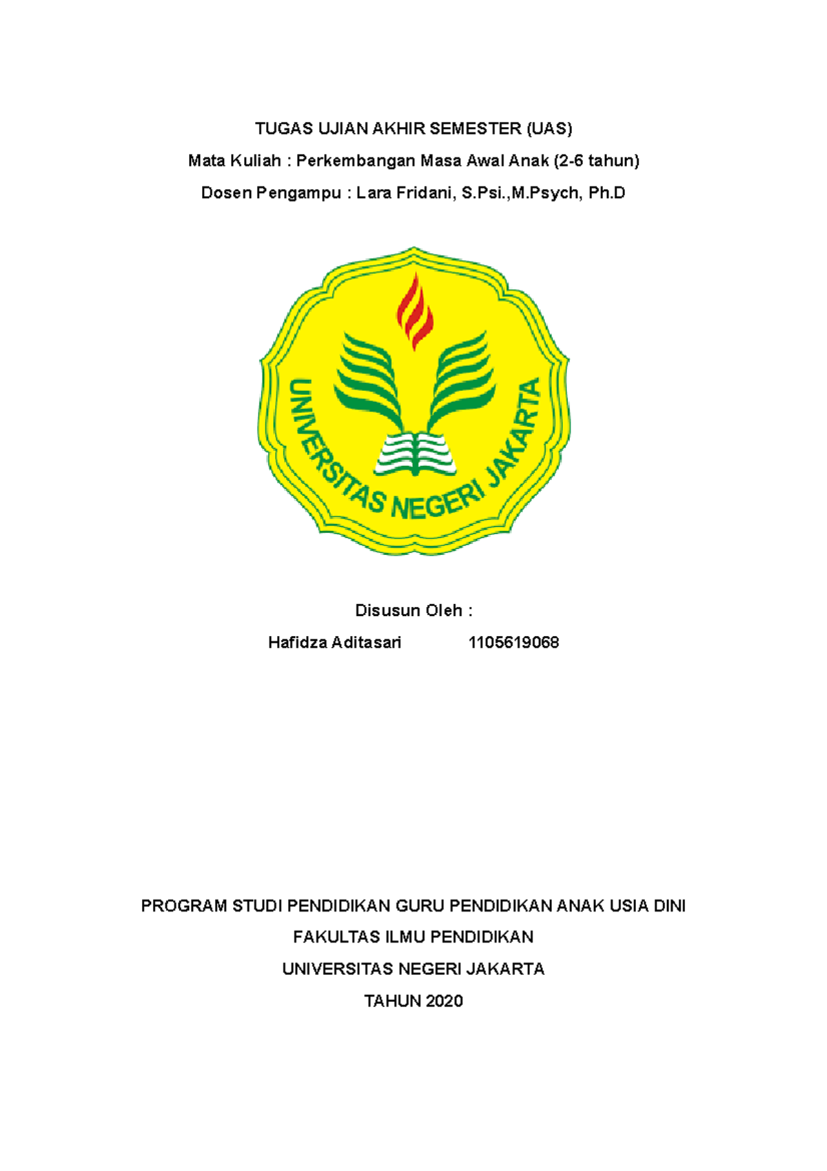 Masa Awal Anak - Tugas - COVER TUGAS UJIAN AKHIR SEMESTER (UAS) Mata ...