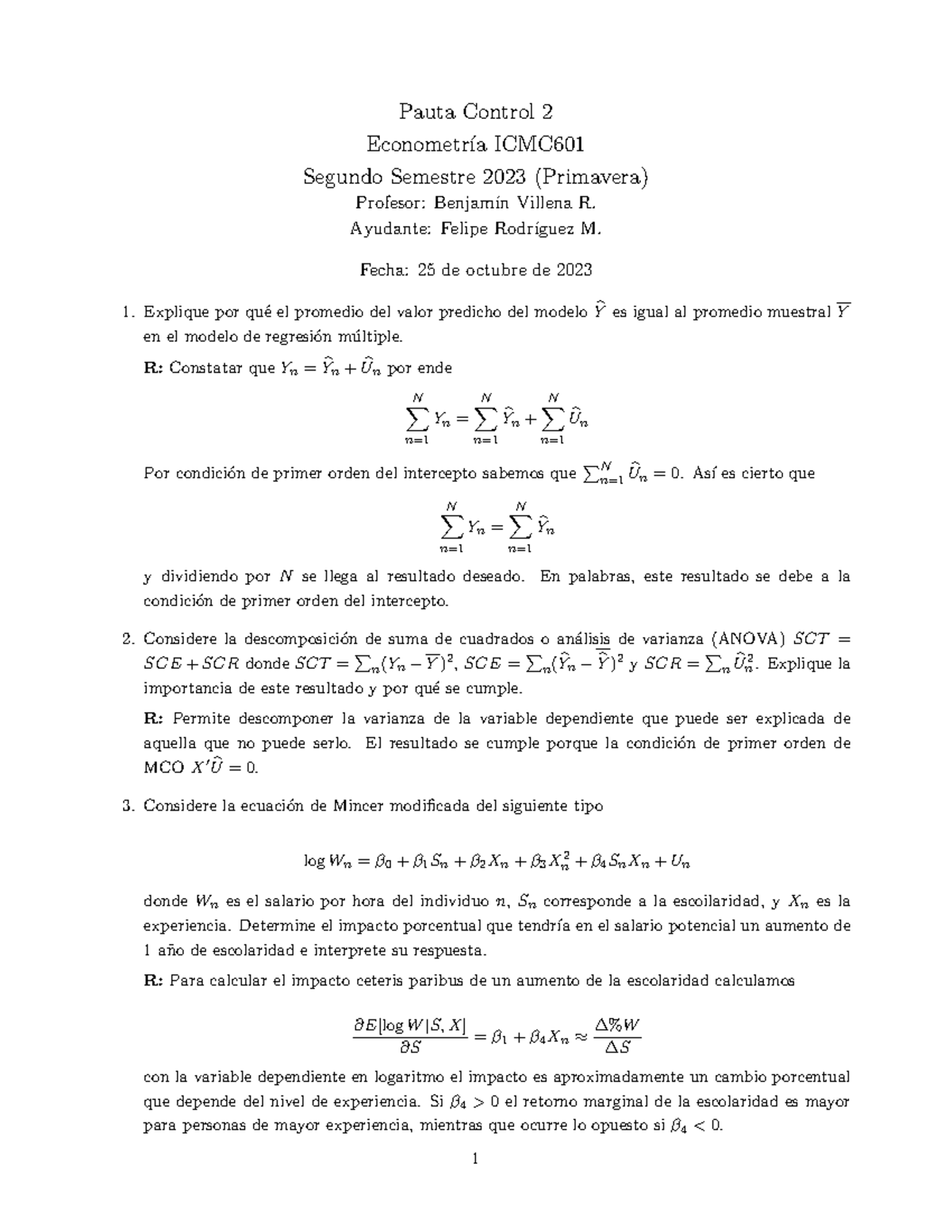 Pauta control 2 2023 2 - Pauta Control 2 Econometr ́ıa ICMC Segundo Semestre 2023 (Primavera ...