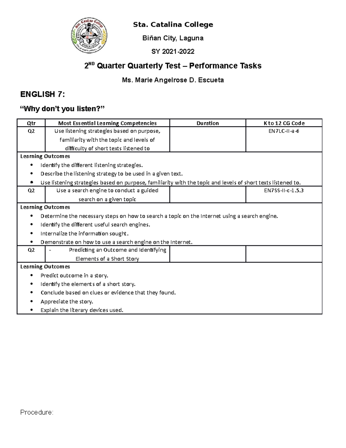 2nd Quarter Performance Tasks - Sta. Catalina College Biňan City ...