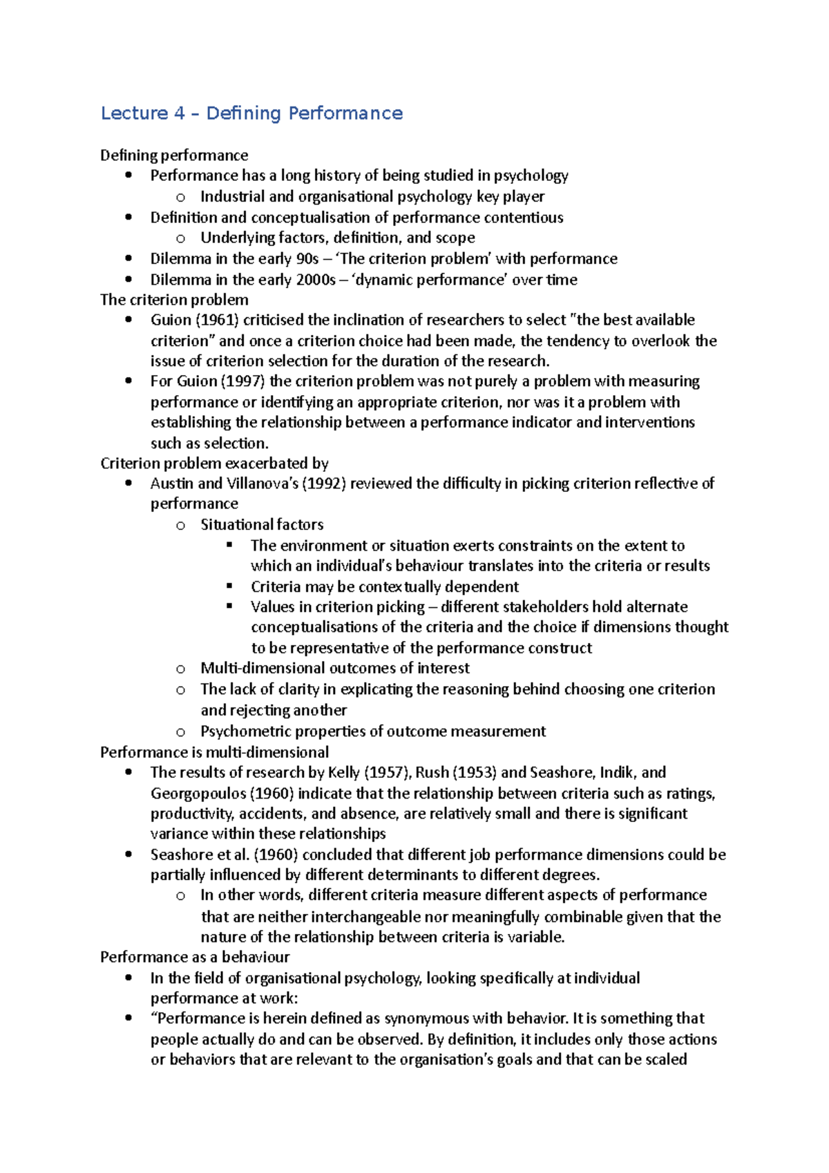 PSY391 Lecture 4 - Lecture 4 – Defining Performance Defining ...