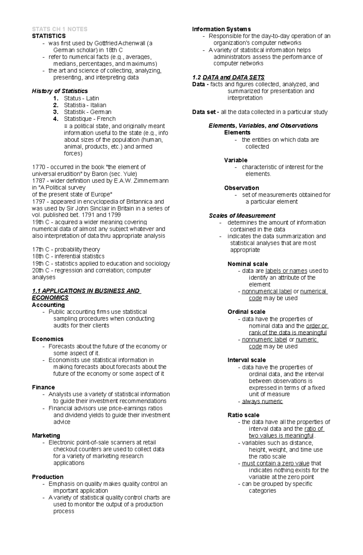 Stats CH 1 Notes - STATS CH 1 NOTES STATISTICS was first used by ...