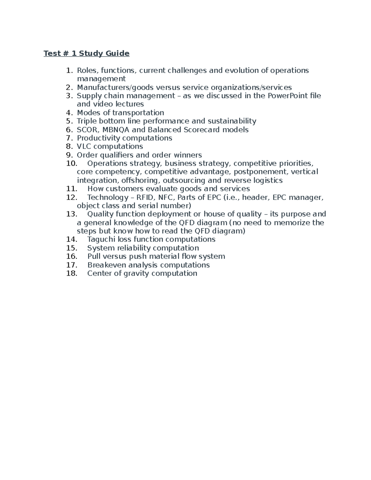 SCM 352 - Test 1 Study Guide - Test # 1 Study Guide Roles, functions ...