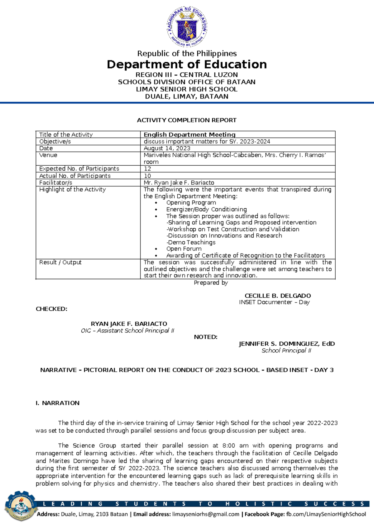 Activity- Completion- Report-First dept - Republic of the Philippines ...