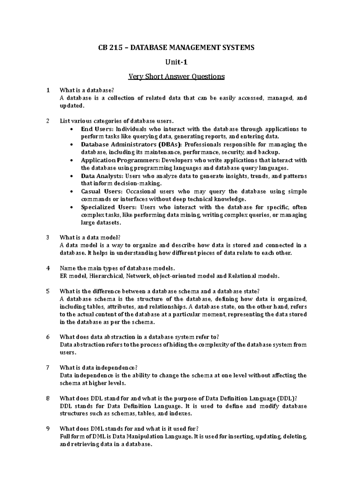 CB 215 Unit-1 Very short answer questions - CB 215 – DATABASE ...