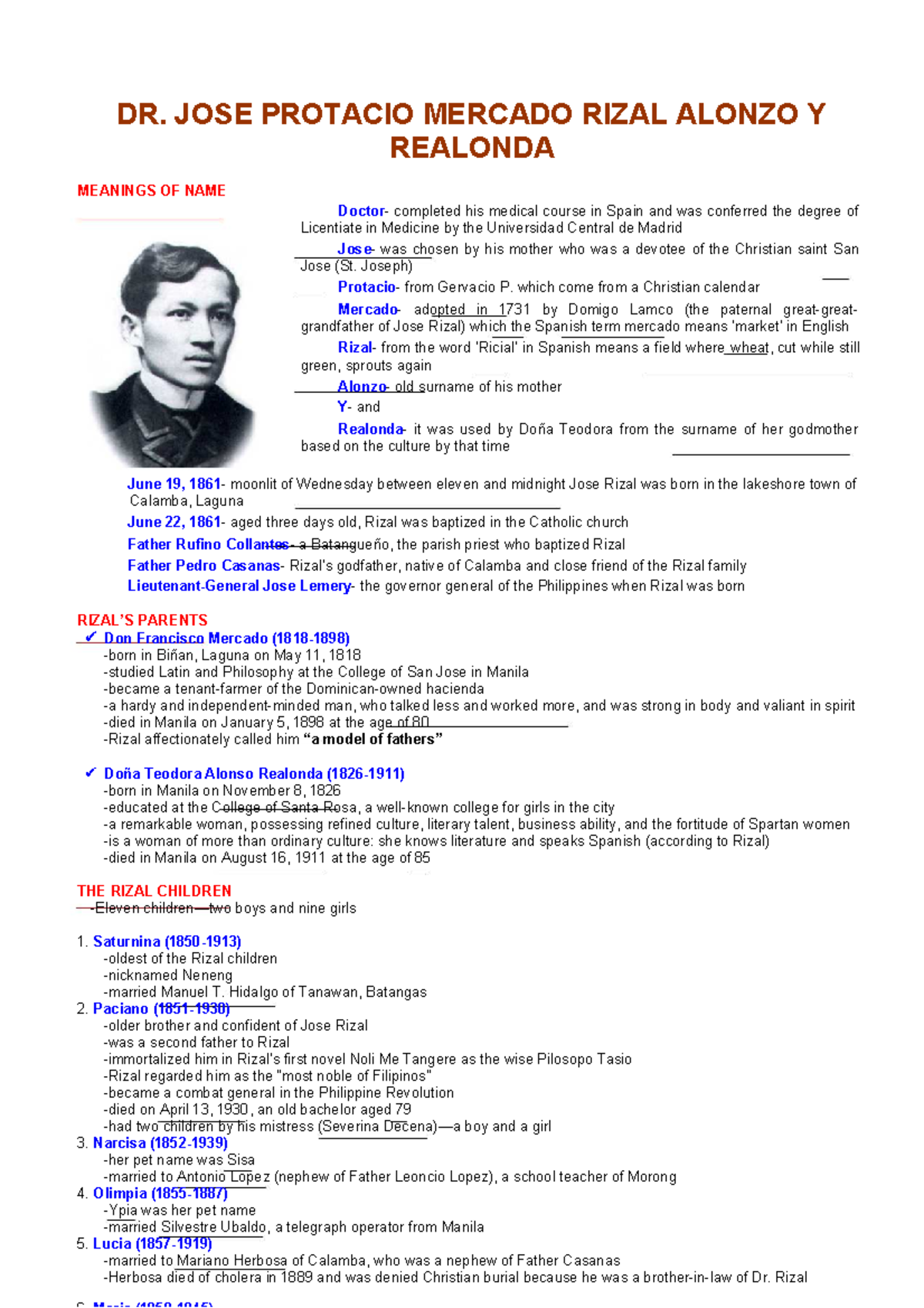 Reviewer-life-of-dr-jose-rizal compress - DR. JOSE PROTACIO MERCADO ...