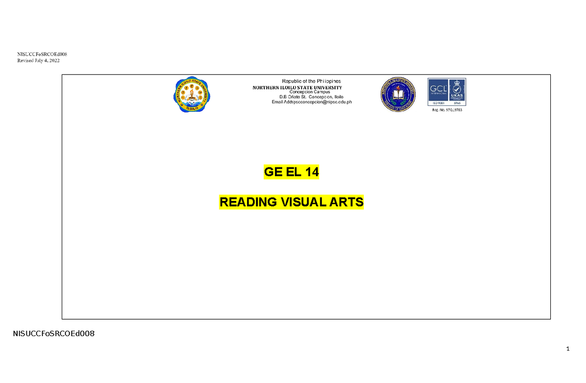 GE EL 14- RVA course Syllabus - NISUCCFoSRCOEd GE EL 14 READING VISUAL ...