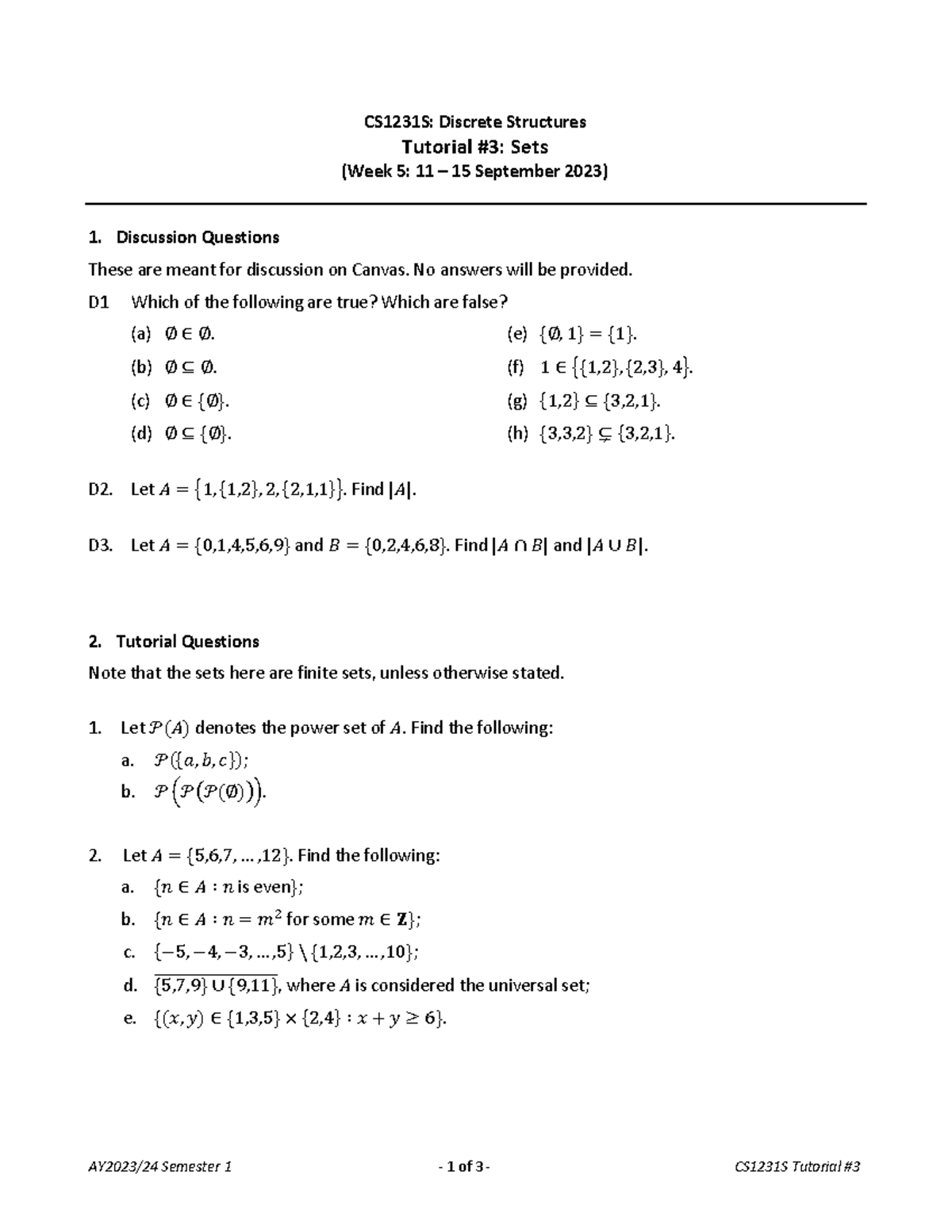Tut03qns - tut3 - AY202 3 /2 4 Semester 1 - 1 of 3 - CS1231S Tutorial # 3 CS1231S: Discrete ...