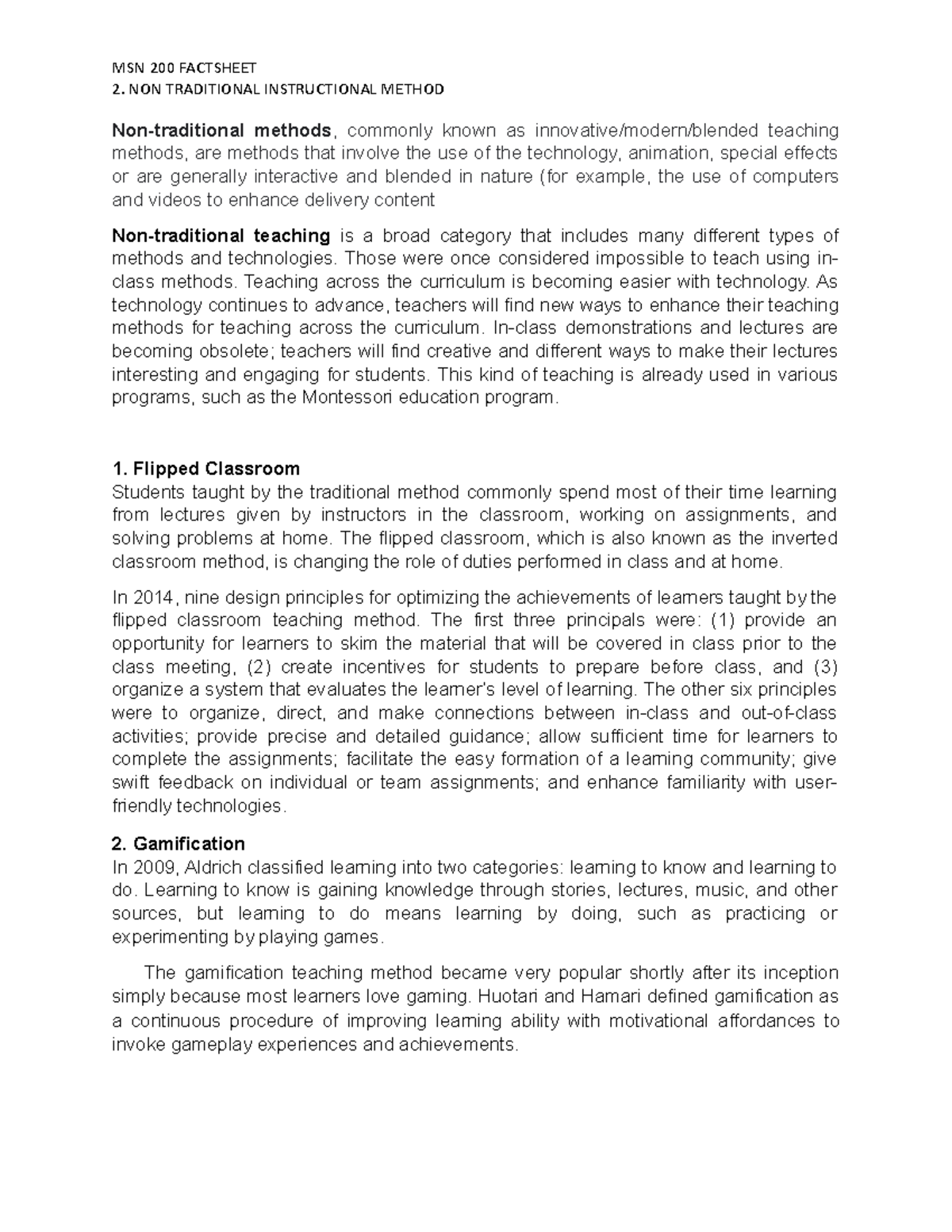 NON Tradtional Teaching Method Factsheet - MSN 200 FACTSHEET 2. NON ...