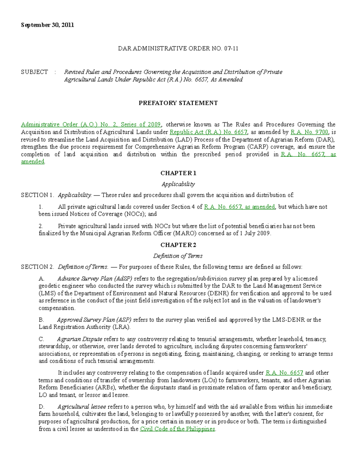 DAR AO 7 s 2011 - The Rules and Procedures Governing the Acquisition ...