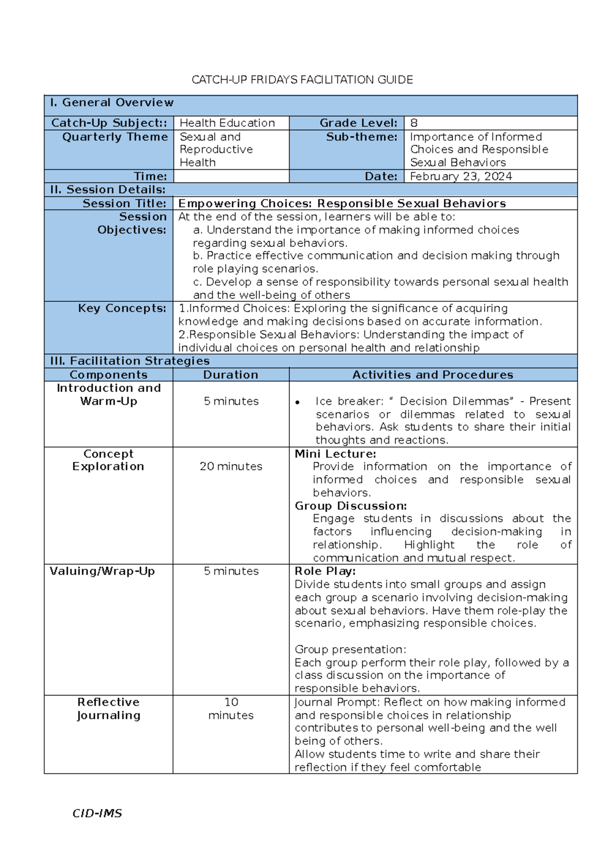 Catch UP Fridays Facilitation Guide Health WEEK 2 - CATCH-UP FRIDAYS ...