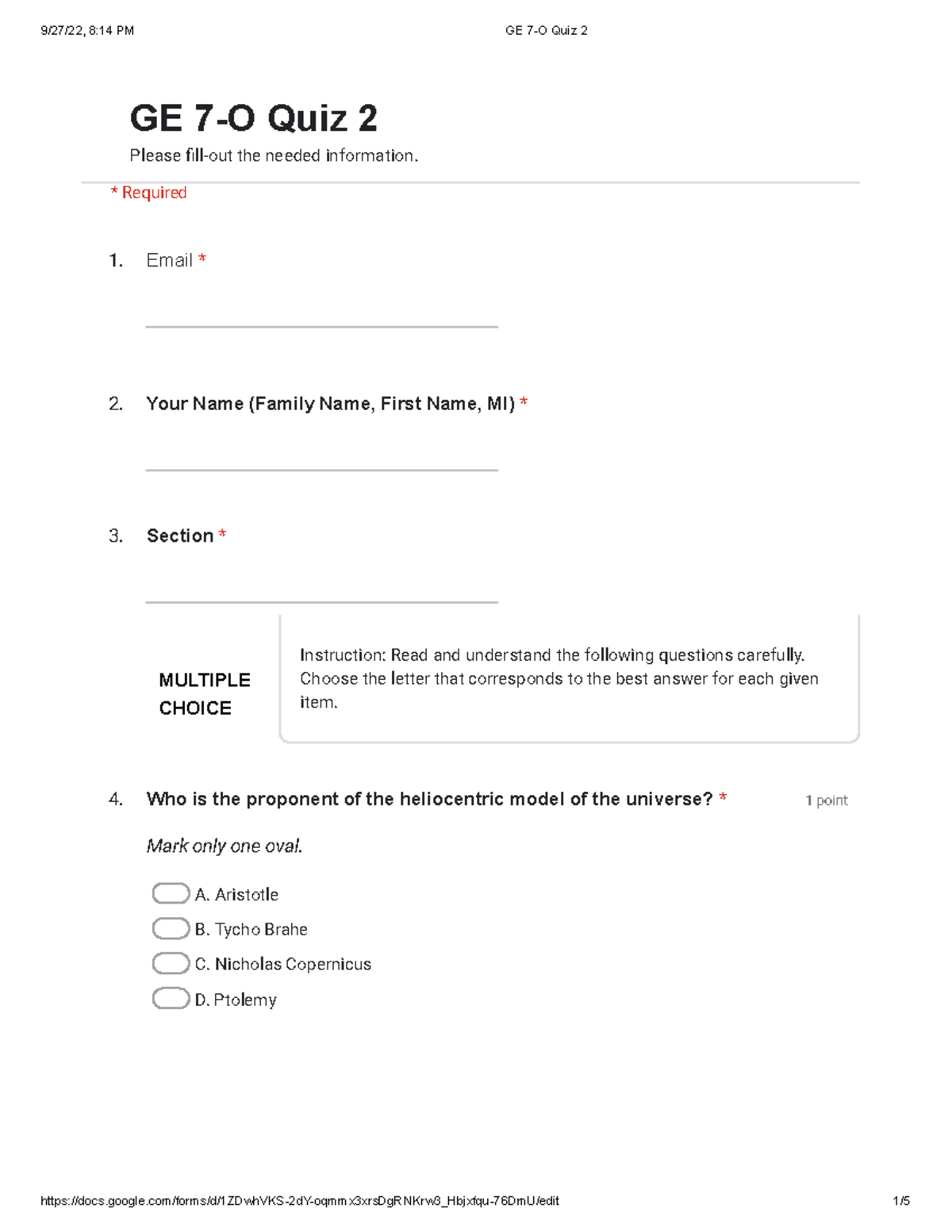 GE 7-Quiz 2 - Google Forms - 1. Email * 2. 3. MULTIPLE CHOICE ...
