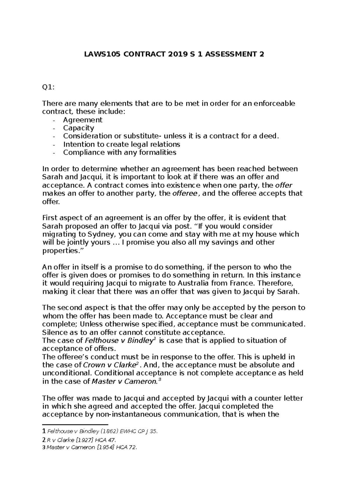 Contract law assignment - LAWS105 CONTRACT 2019 S 1 ASSESSMENT 2 Q1 ...