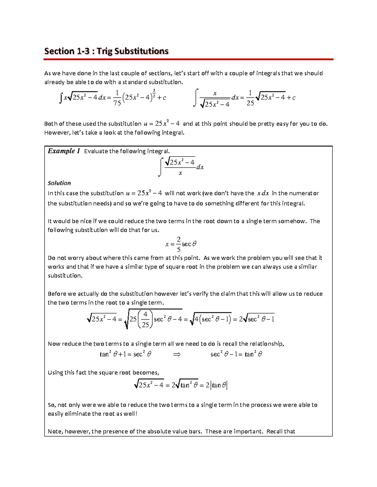 Calc Ii Trig Subst Lecture Notes 7 Warning Tt Undefined Function 32 Section 1 3 Trig