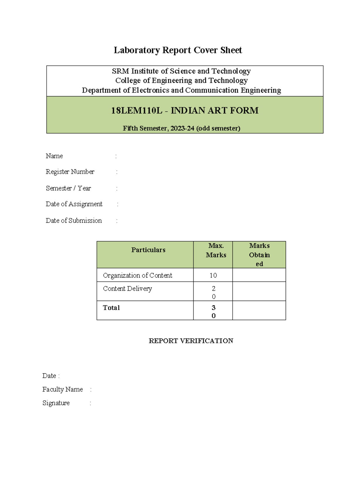 Indian artform coversheet - Laboratory Report Cover Sheet SRM Institute ...