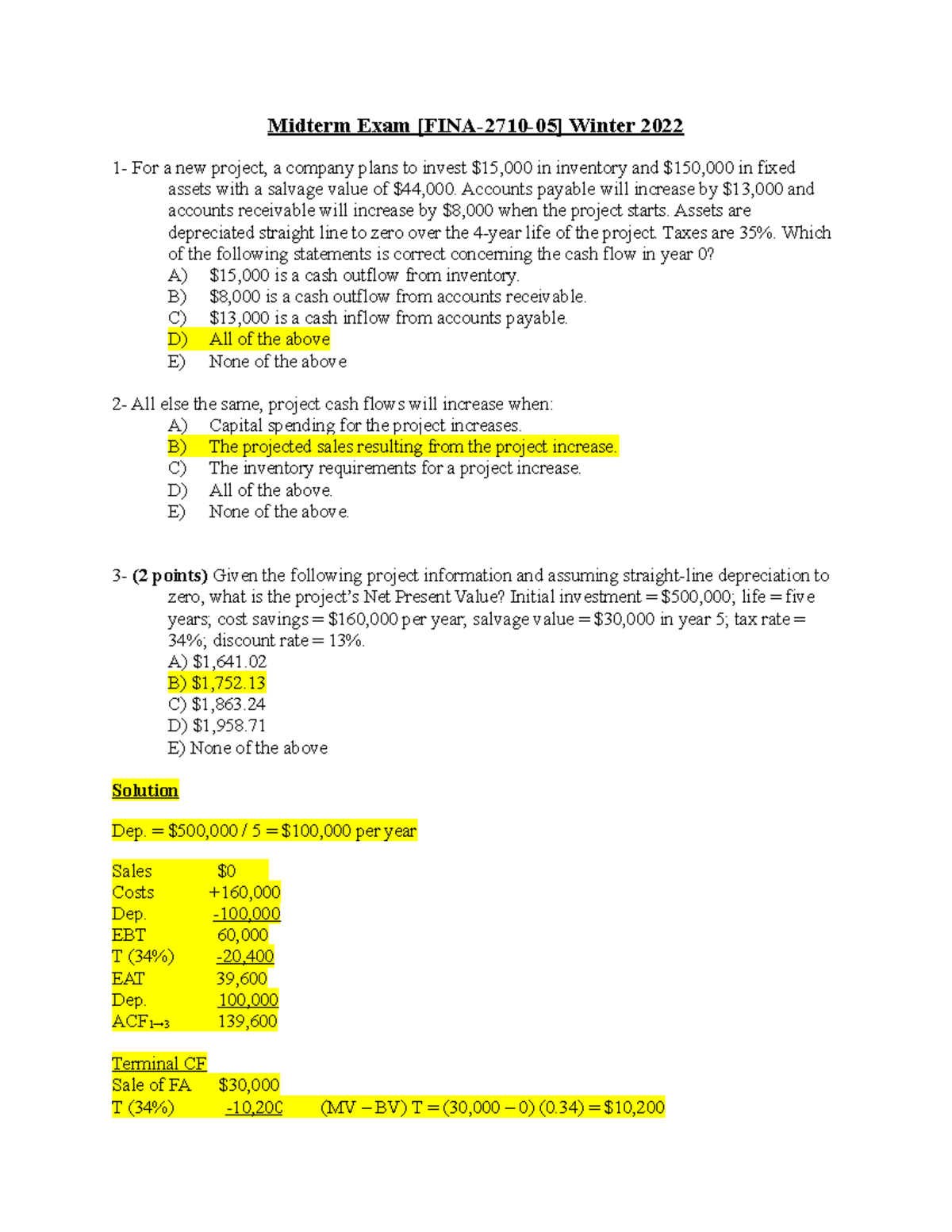 Midterm Exam [KEY FINA-2710-05] Winter 2022 - Midterm Exam [FINA-2710 ...
