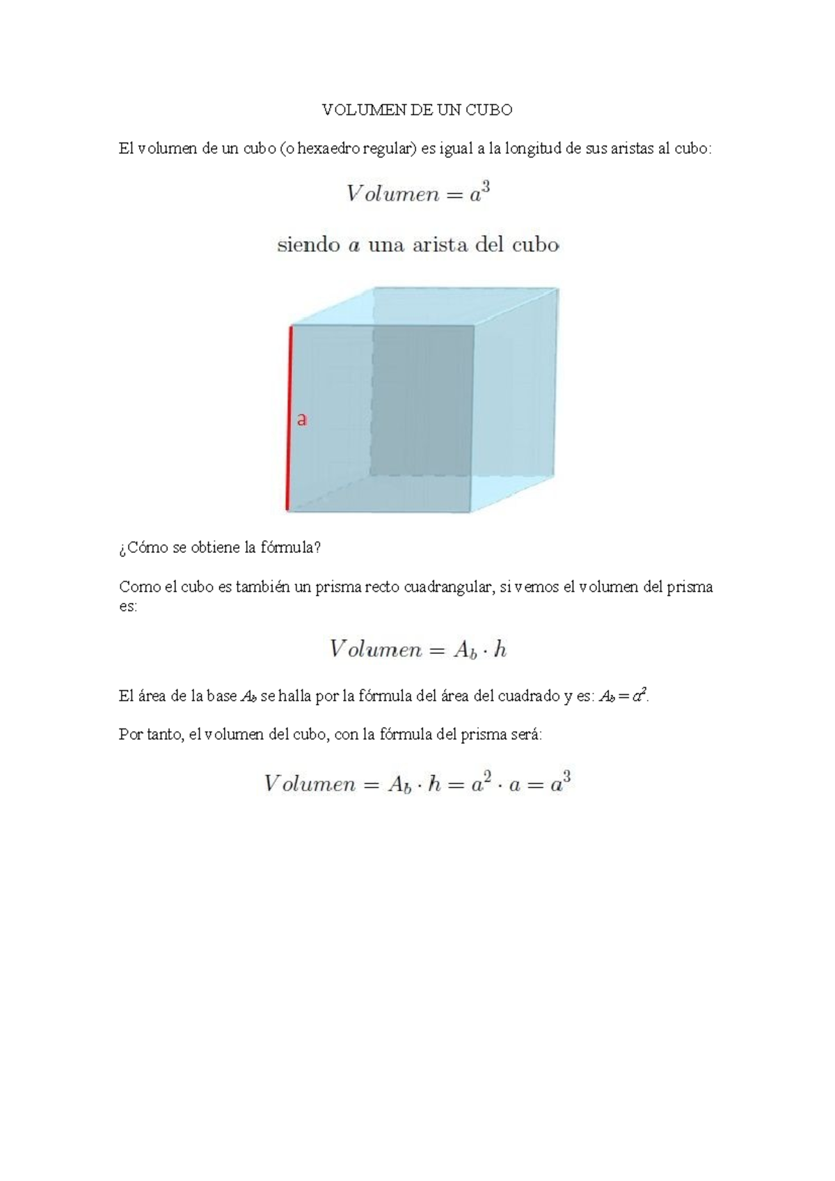 Volumen DE UN CUBO - Matemática superior - VOLUMEN DE UN CUBO El ...