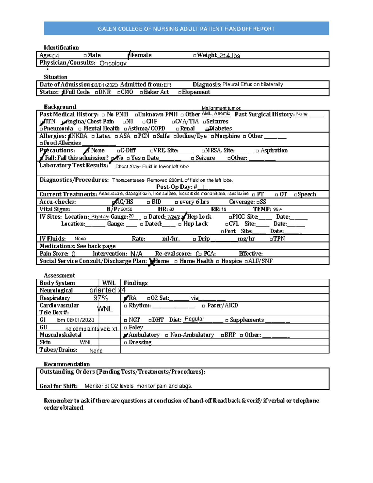 WEEK 5 pt hand off report - GALEN COLLEGE OF NURSING ADULT PATIENT ...