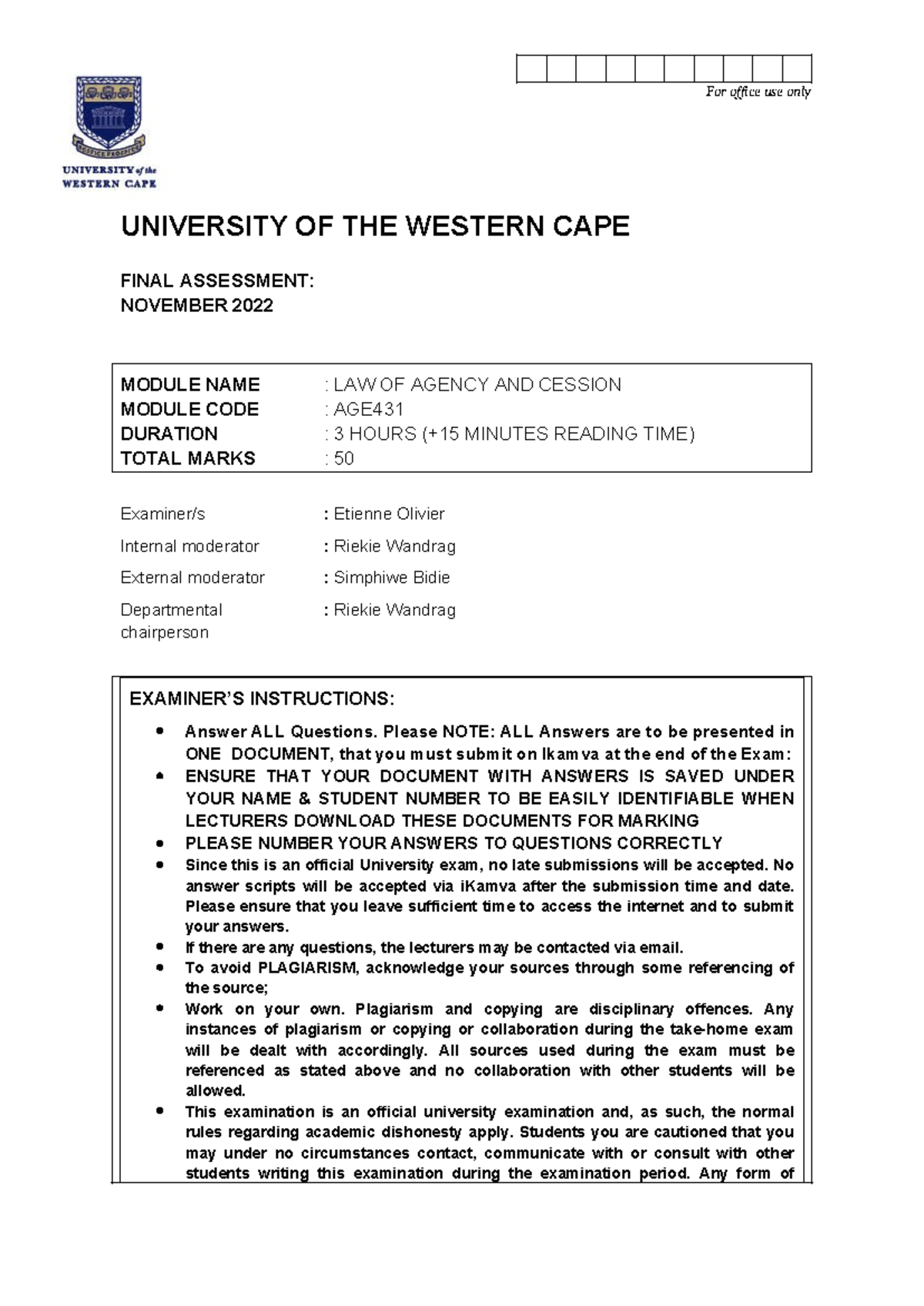 AGE431+ Final+EXAM+2022 - For office use only UNIVERSITY OF THE WESTERN ...