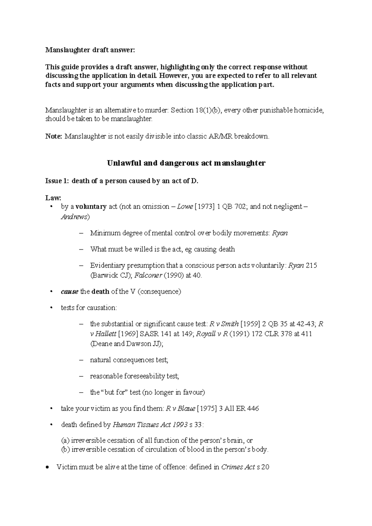 Manslaughter draft guide - Manslaughter draft answer: This guide ...