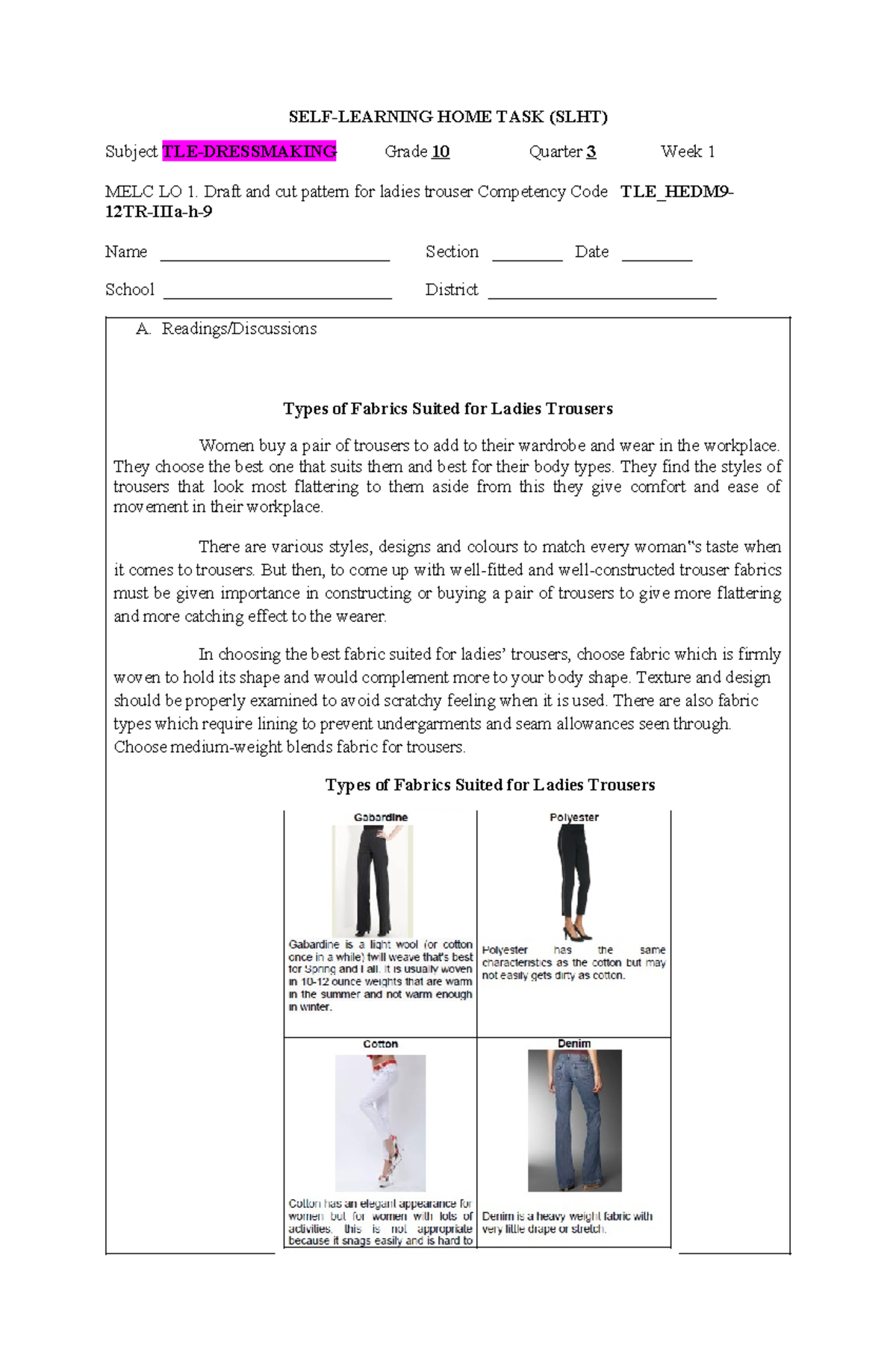 Dressmaking 10 Q3 W1 - SELF-LEARNING HOME TASK (SLHT) Subject TLE ...