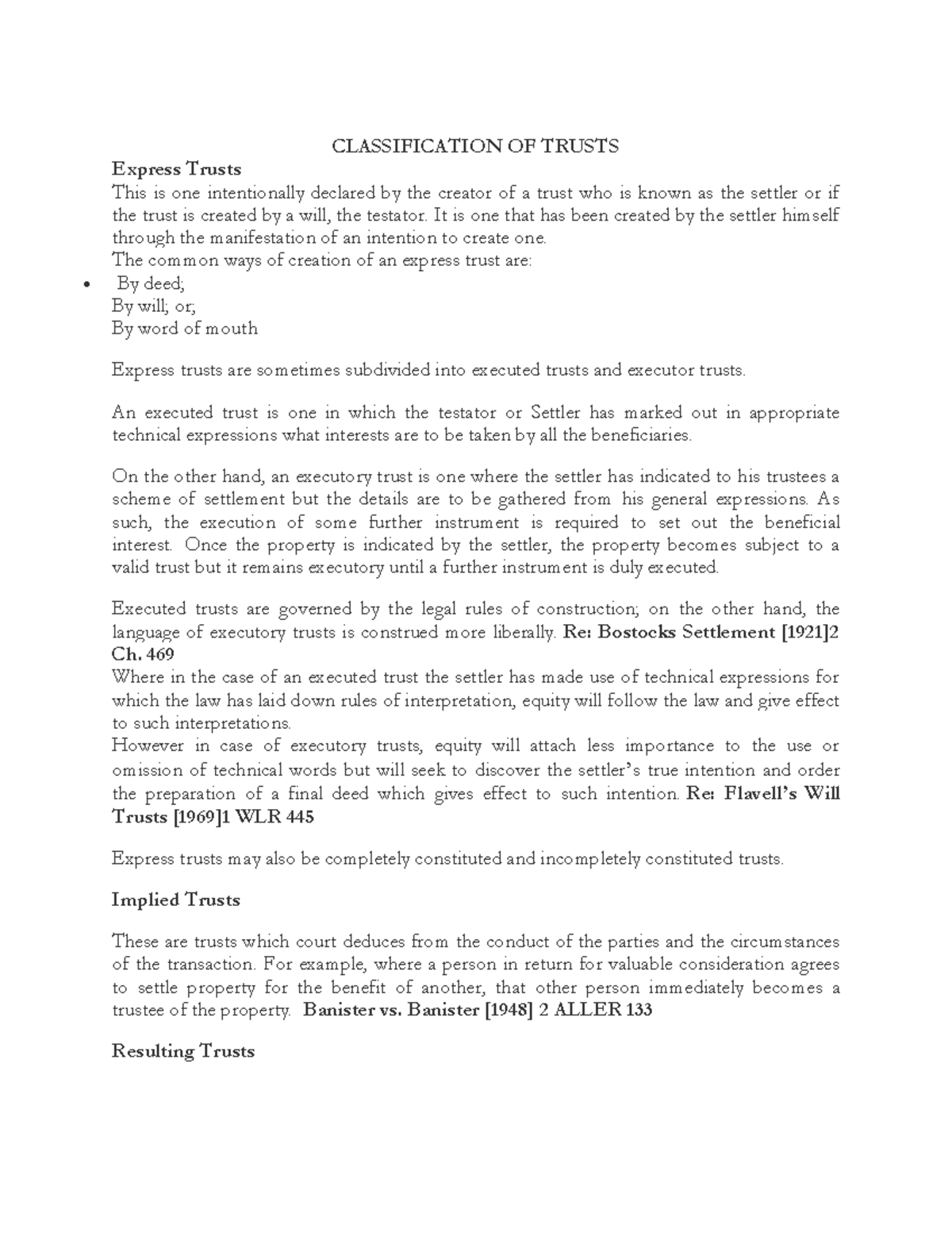 Classification OF Trusts - CLASSIFICATION OF TRUSTS Express Trusts This ...