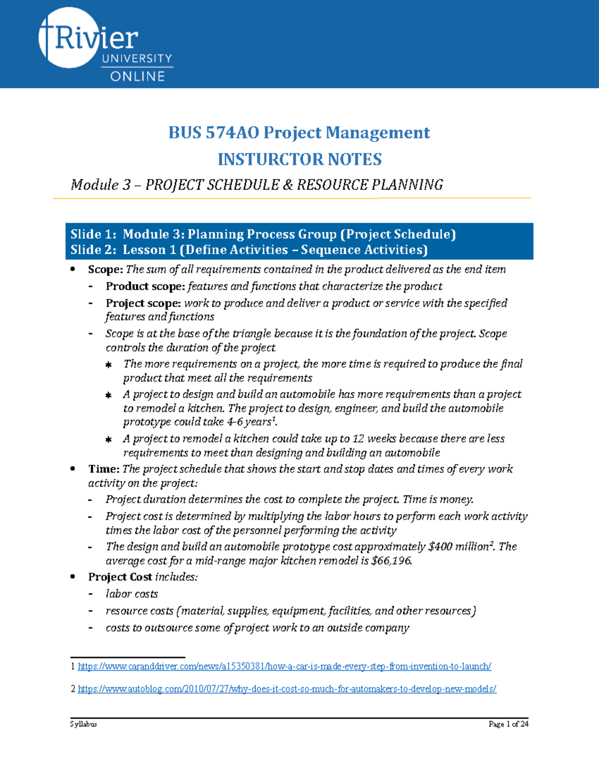 3a. Mod 3 - Instructor Notes - BUS 574AO Project Management INSTURCTOR ...