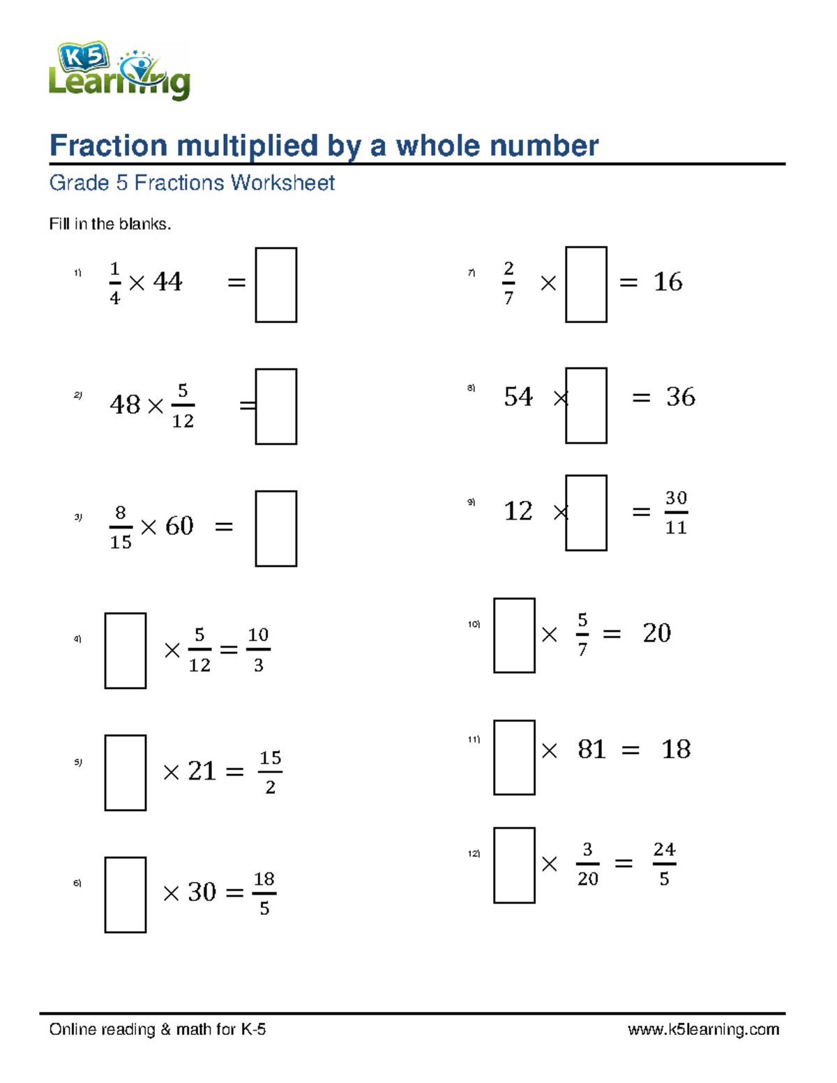 Grade 5 fractions multiply whole number missing d - Online reading ...