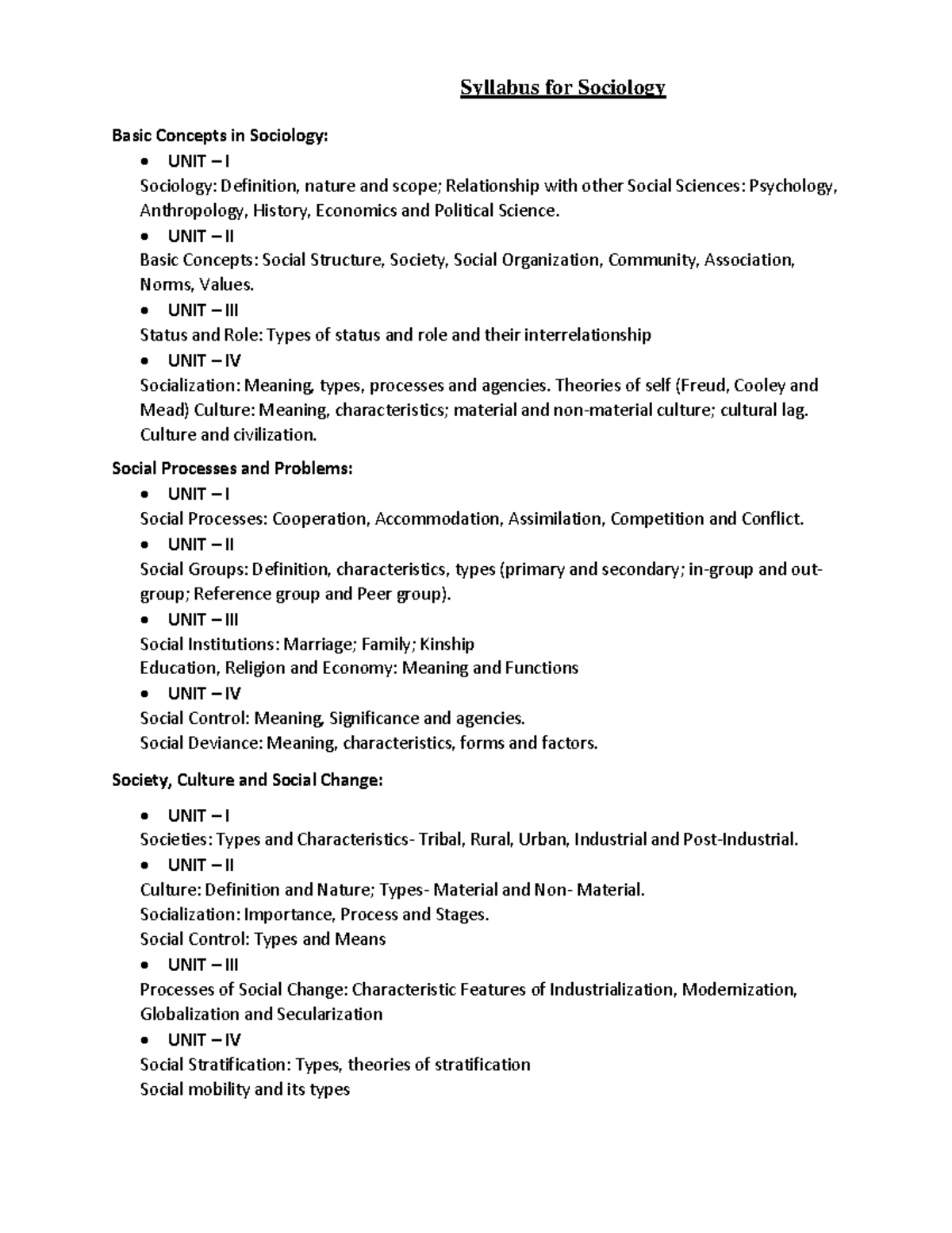 Sociology - Syllabus for Sociology Basic Concepts in Sociology: UNIT ...