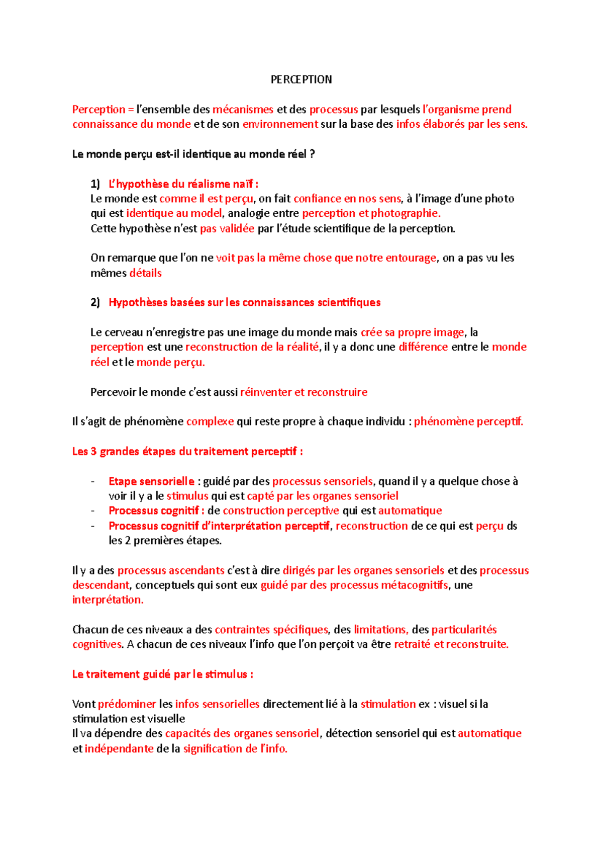 Perception 1 - Notes de cours 1 - PERCEPTION Perception = l’ensemble ...