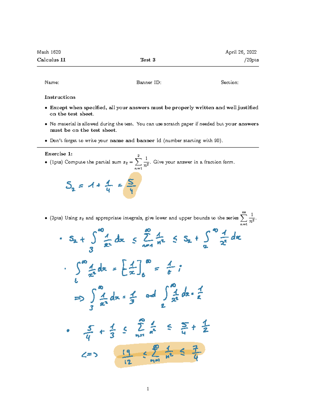 Test 3 - solutions - Dr. Mucoyo Karemara - Calculus II Test 3 /20pts ...