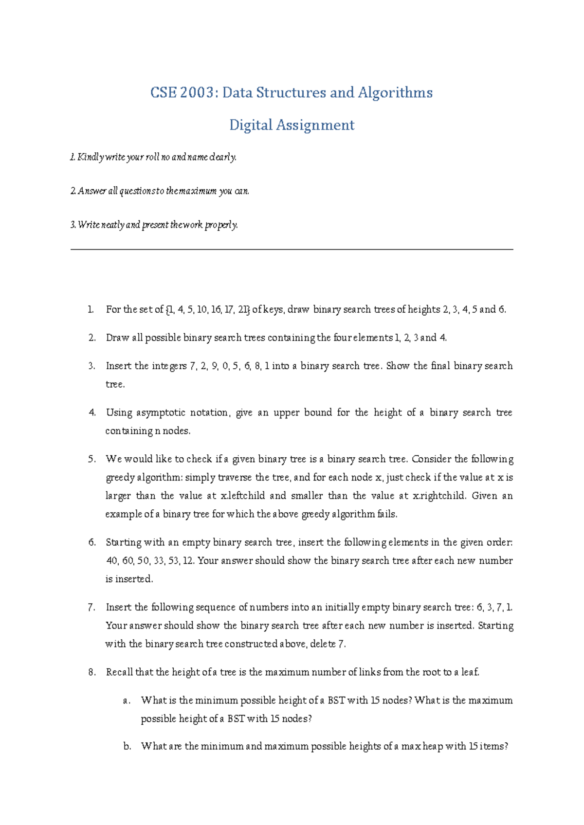 Dafor Dsa Assignment Cse 2003 Data Structures And Algorithms Digital Assignment 1 Kindly