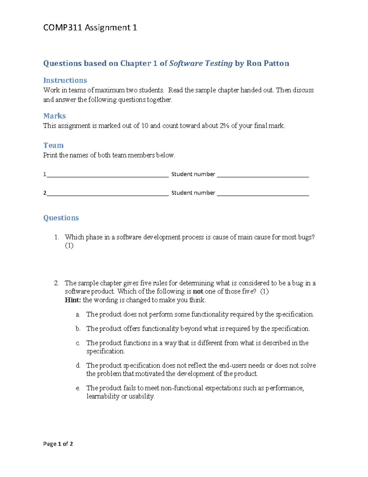 Comp311asign 1 Comp311 Assignment 1 Comp311 Assignment 1 Page 1 Of 2 Questions Based On