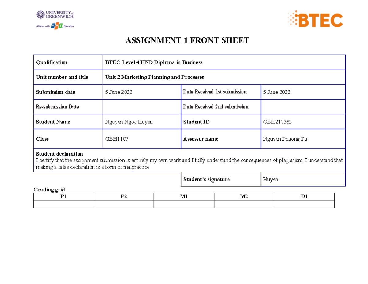 Bài tập 5033 - Assignment 1 Frontsheet - ASSIGNMENT 1 FRONT SHEET Qualification BTEC Level 4 HND ...