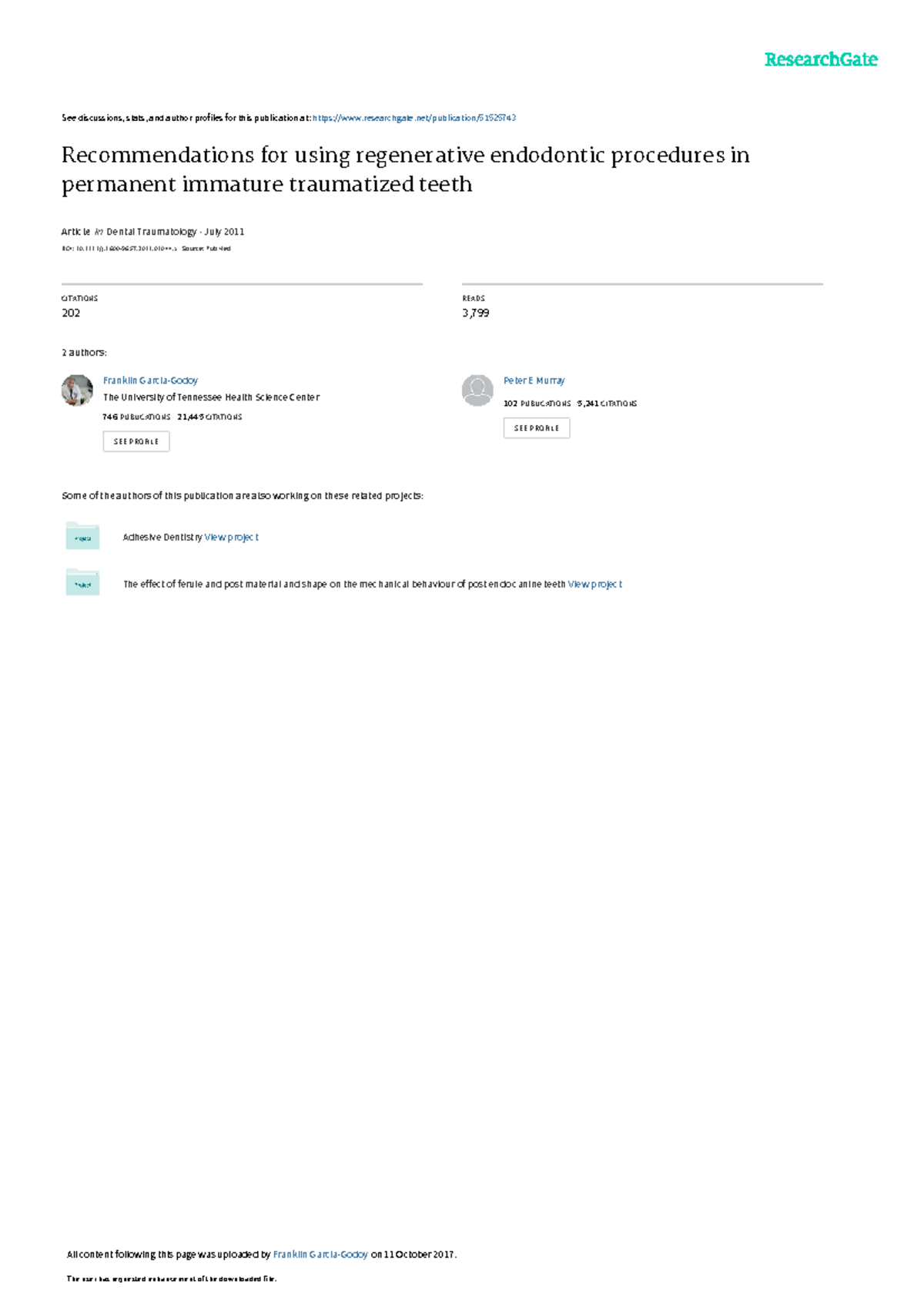 Recommendations for using regenerative endodontic - See discussions ...