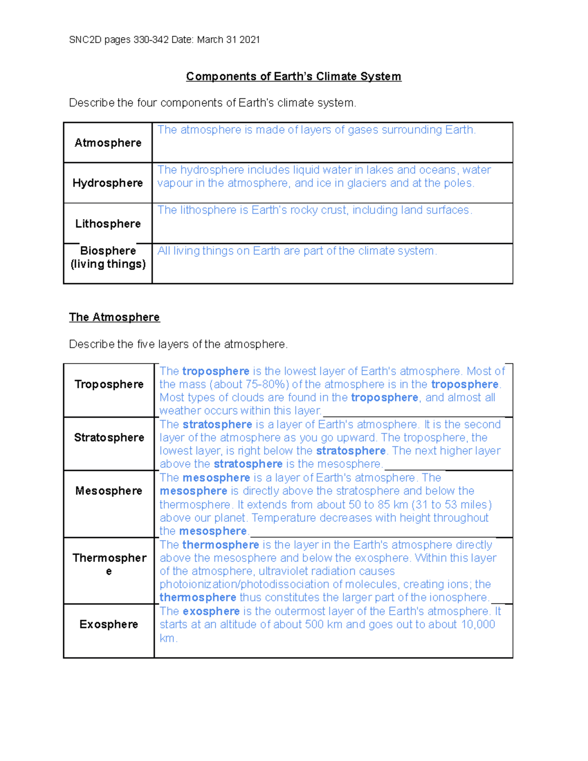 Components of Earth - SNC2D pages 330-342 Date: March 31 2021 ...
