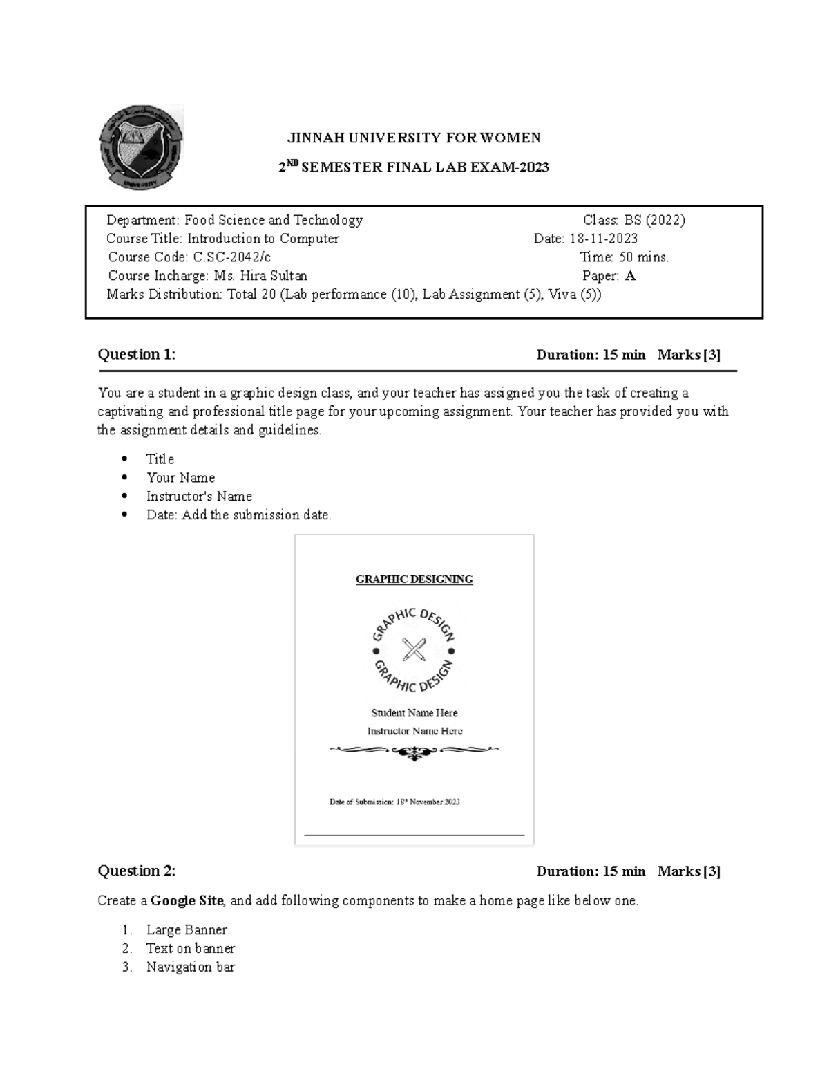 Final Lab Secion A - JINNAH UNIVERSITY FOR WOMEN 2 ND SEMESTER FINAL ...